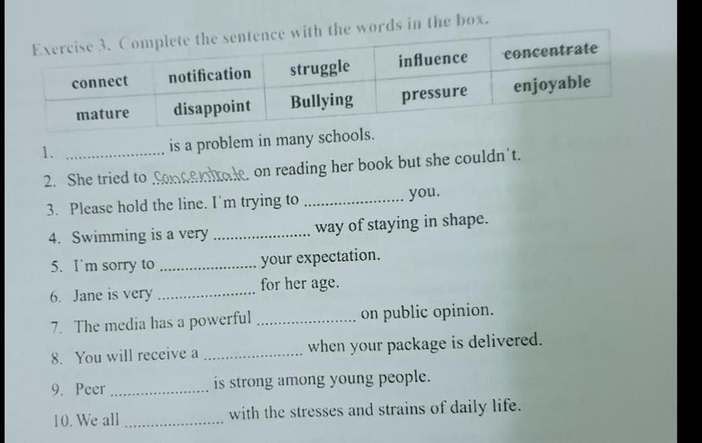 Exercise 3. Complete the sentence with the words in the box. connect ...