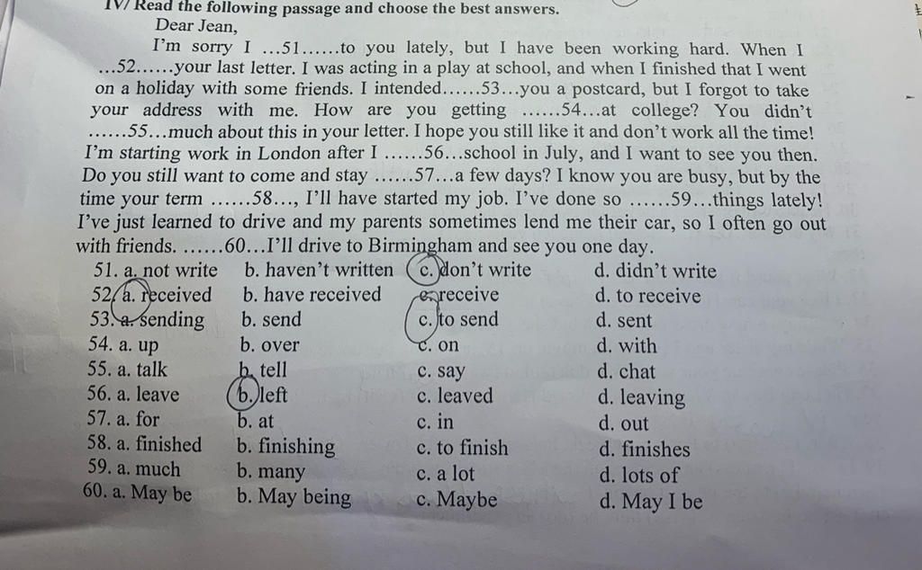 IV/ Read the following passage and choose the best answers. Dear Jean ...