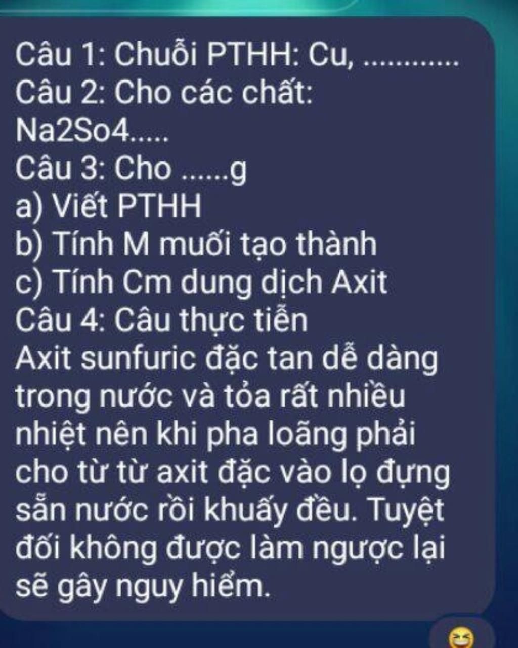 Câu 1: Chuỗi PTHH: Cu, ........ Câu 2: Cho các chất: Na2SO4..... Câu 3 ...