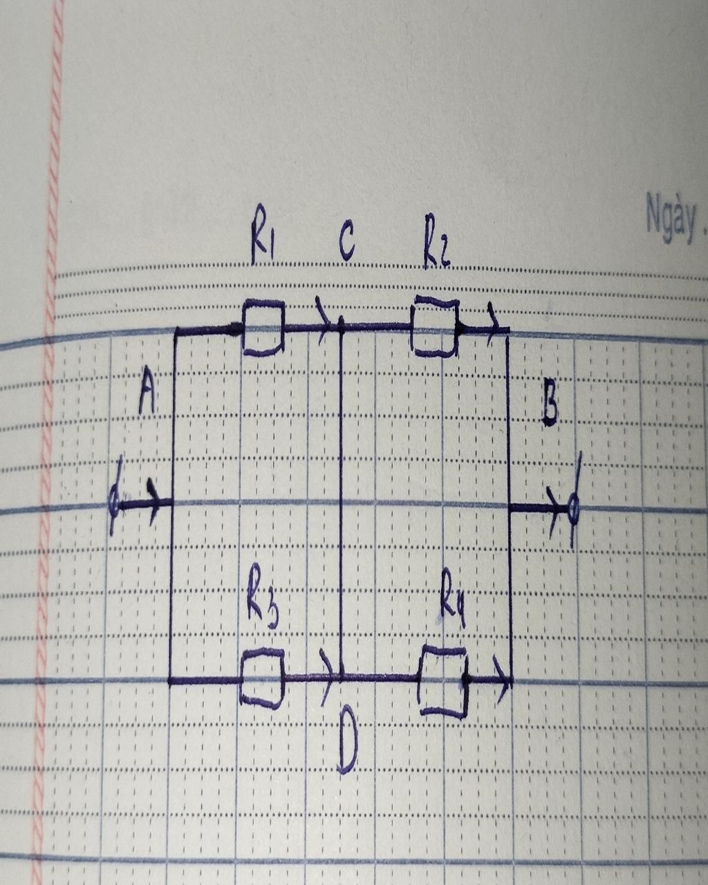 Cho mạch điện như hình sau: Biết R1=R2=R3=2Ω, UAB=1V. Tìm R4 để dòng ...