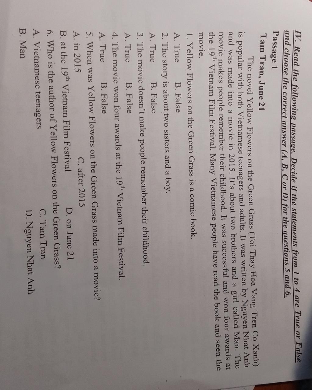 IV. Read the following passage. Decide if the statements from 1 to 4 ...