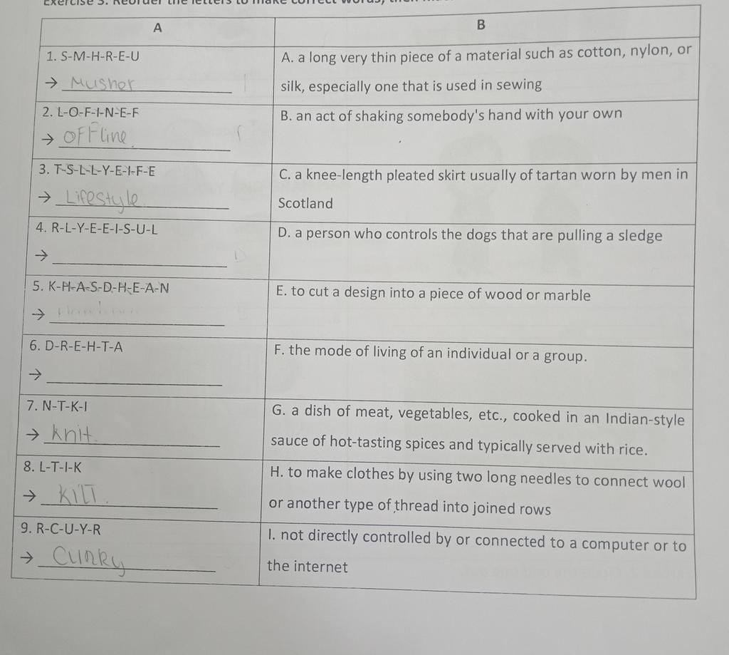 1. S-M-H-R-E-U → Mushor 2. L-O-F-I-N-E-F → offline 3. T-S-L-L-Y-E-I-F-E → Lifestyle 4. R-L-Y-E-E ...