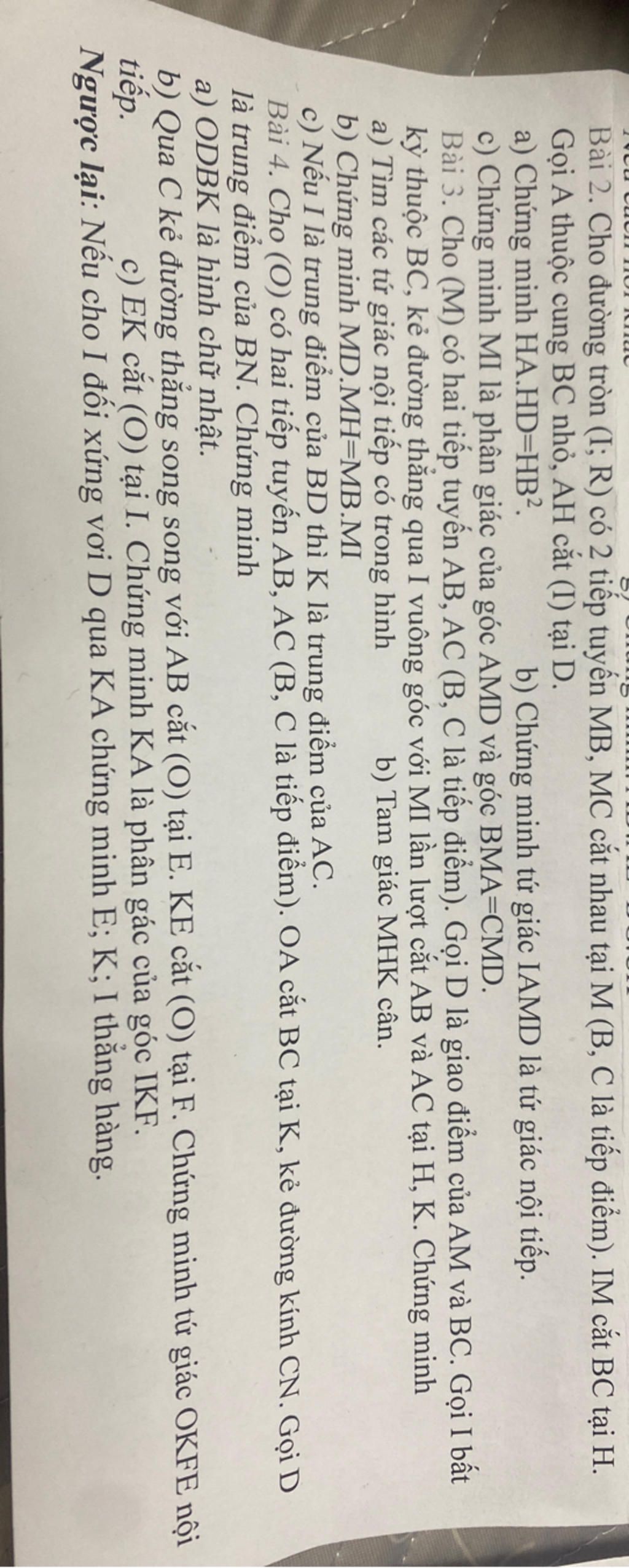 on 10 Kna Bài 2. Cho đường tròn (I; R) có 2 tiếp tuyến MB, MC cắt nhau tại M (B, C là tiếp điểm ...