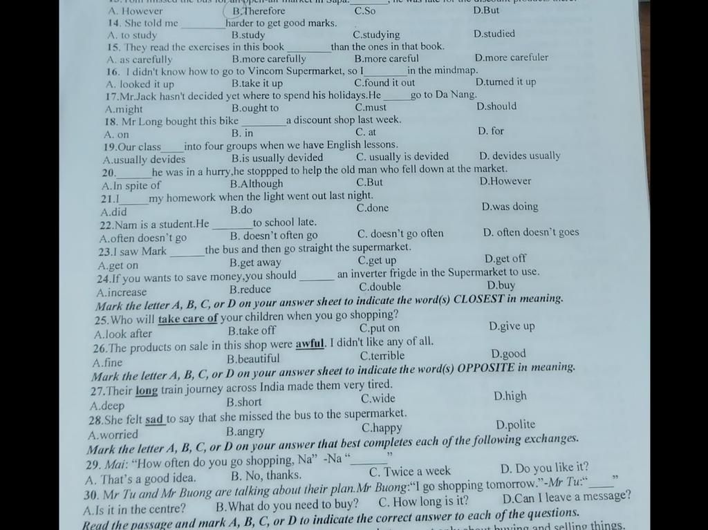 A. However 14. She told me A. to study. 15. They read the exercises in ...