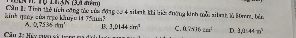 PHẦN II. TỰ LUẬN (3,0 điểm) Câu 1: Tính thể tích công tác của động cơ 4 ...