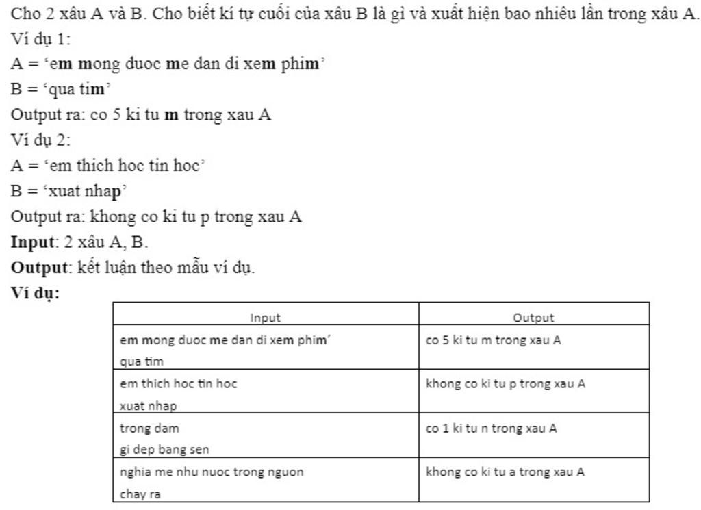 Cho 2 xâu A và B. Cho biết kí tự cuối của xâu B là gì và xuất hiện bao ...
