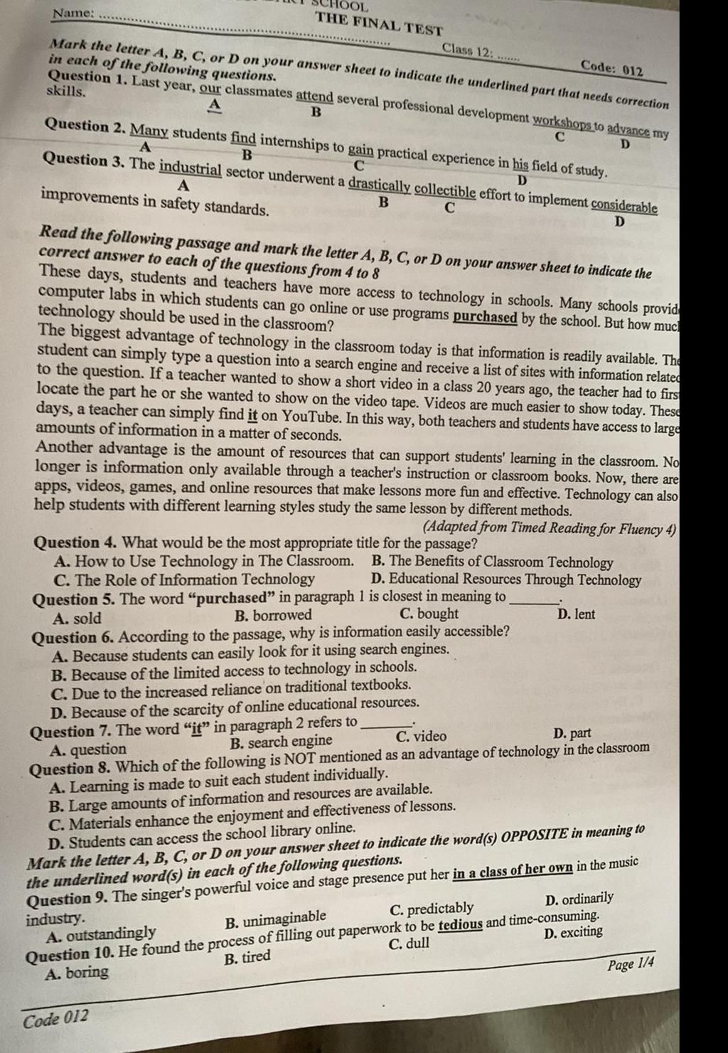 HOOL Name: THE FINAL TEST Class 12:....... Code: 012 Mark the letter A ...
