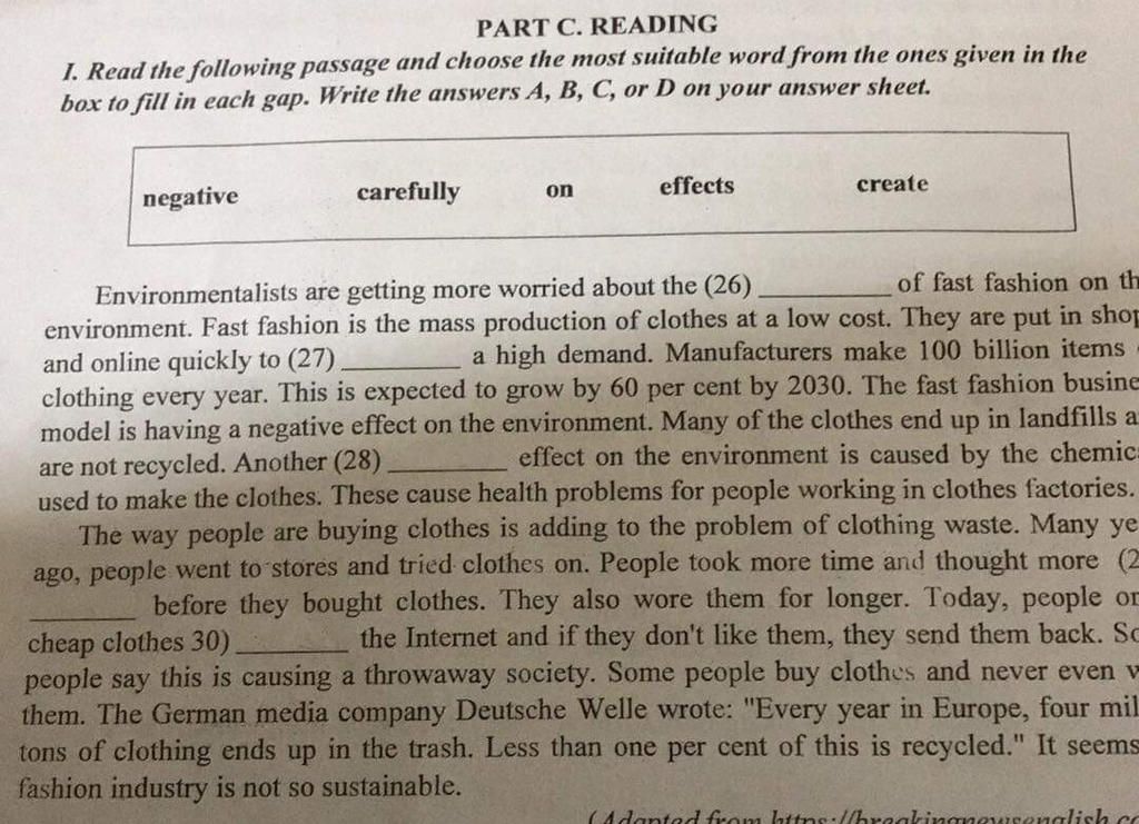 PART C. READING I. Read the following passage and choose the most ...