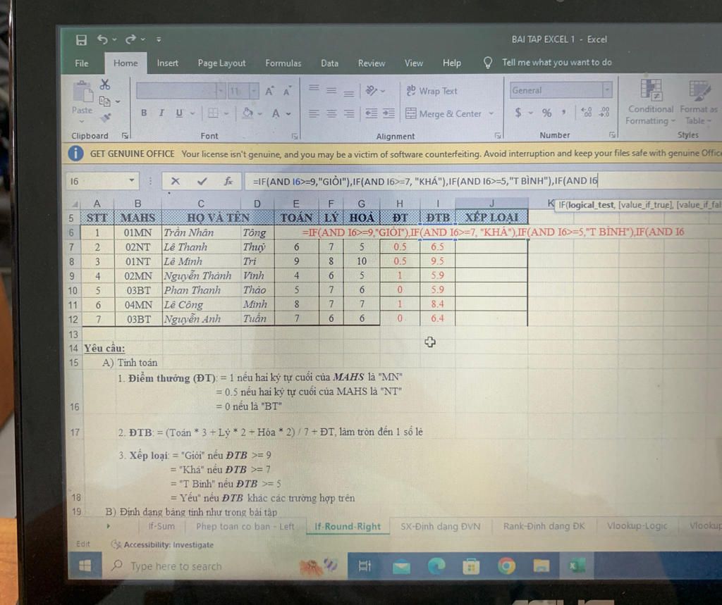 日 File * BAI TAP EXCEL 1 - Excel Home Insert Page Layout Formulas Data ...
