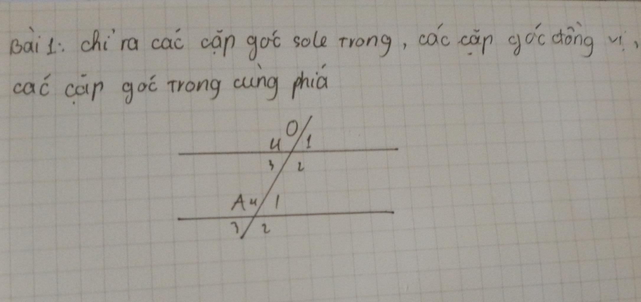 Bài 1 chỉ ra các cặp góc sole trong, các cặp góc trong cùng phía Au/1 ...