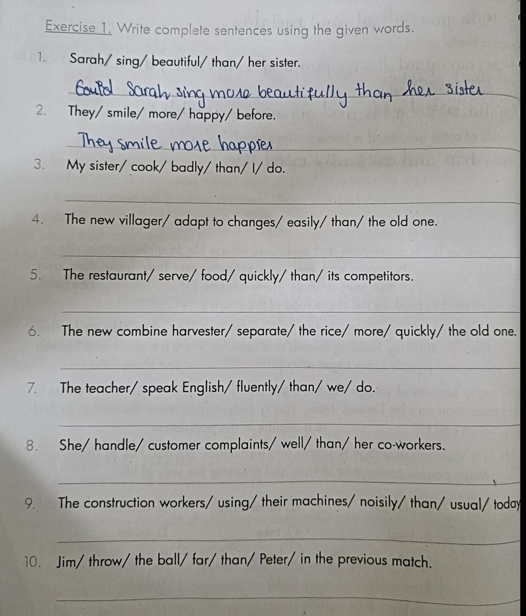 Exercise 1. Write complete sentences using the given words. 1.