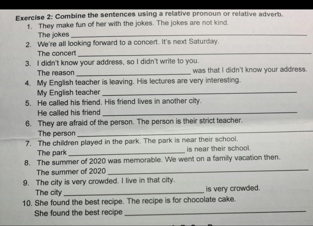 Exercise 2: Combine the sentences using a relative pronoun or relative ...