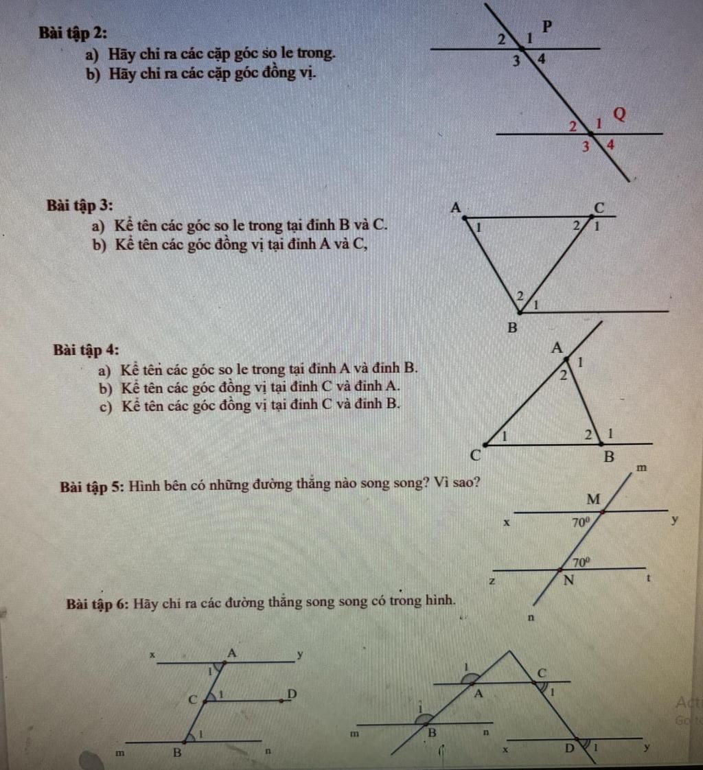 Bài tập 2: a) Hãy chỉ ra các cặp góc so le trong. b) Hãy chỉ ra các cặp ...