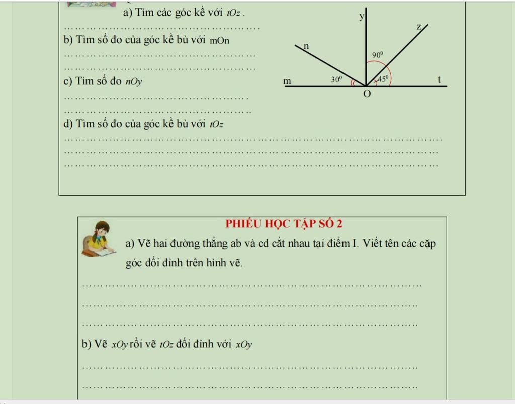 a) Tìm các góc kề với 10: . b) Tìm số đo của góc kề bù với mon c) Tìm ...