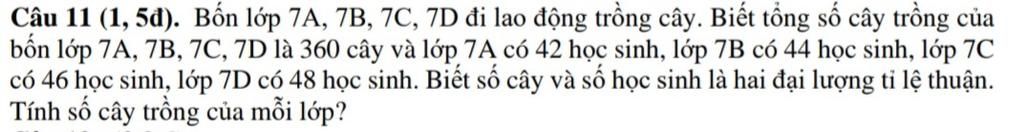 Câu 11 (1,5đ). Bốn lớp 7A, 7B, 7C, 7D đi lao động trồng cây. Biết tổng ...