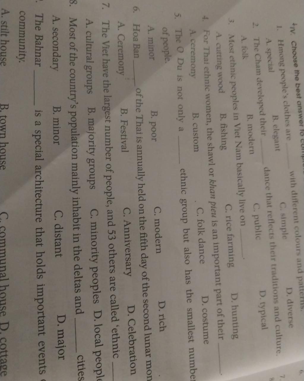 +IV. Choose the best answer 1. Hmong people's clothes are A. special ...
