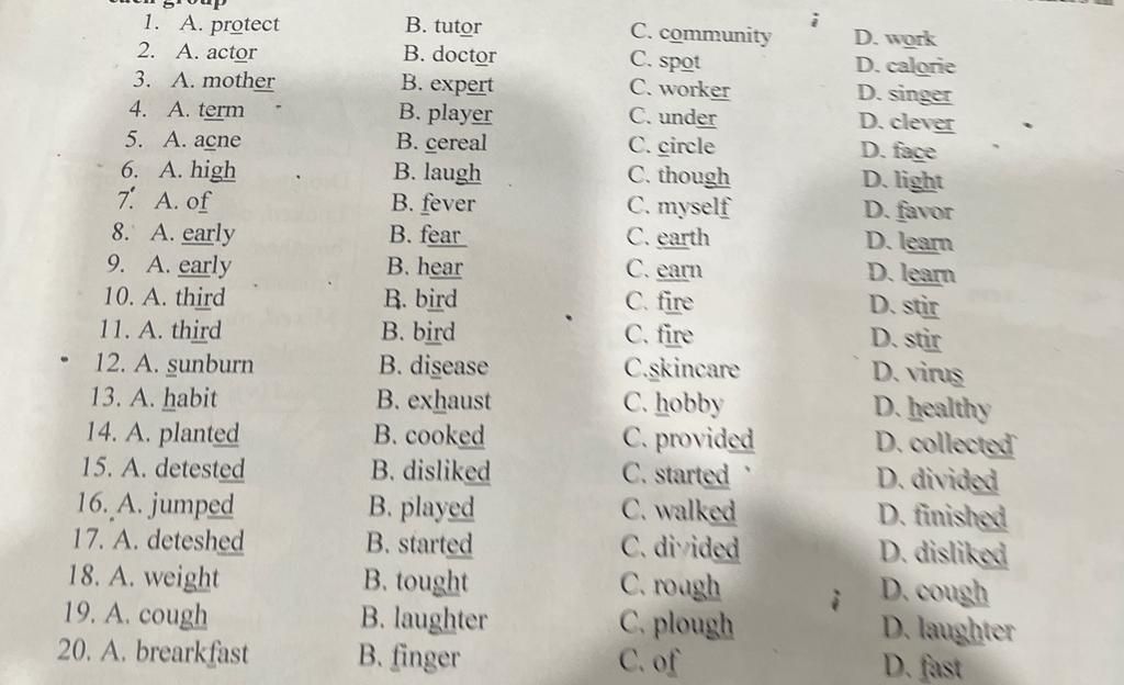 i 1. A. protect B. tutor C. community D. work 2. A. actor B. doctor C ...