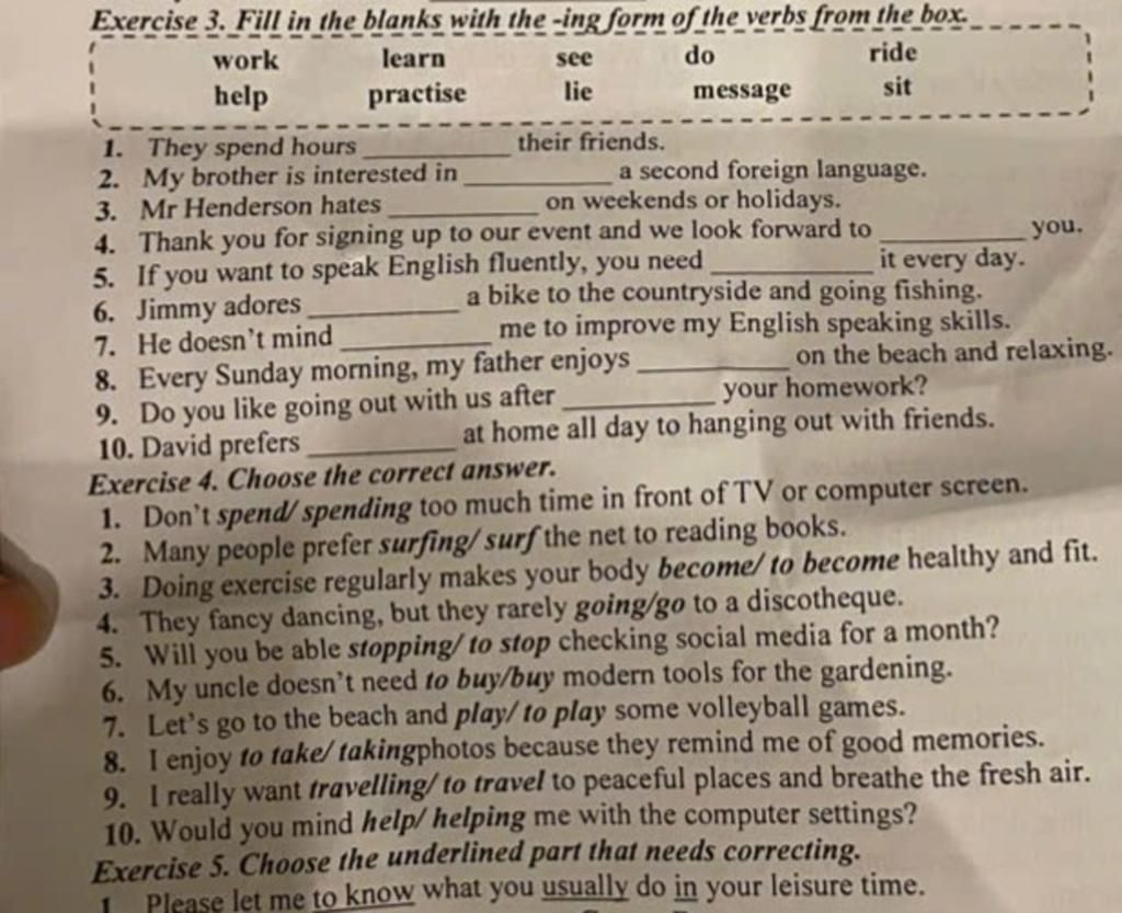 Exercise 3. Fill in the blanks with the -ing form of the verbs from the ...