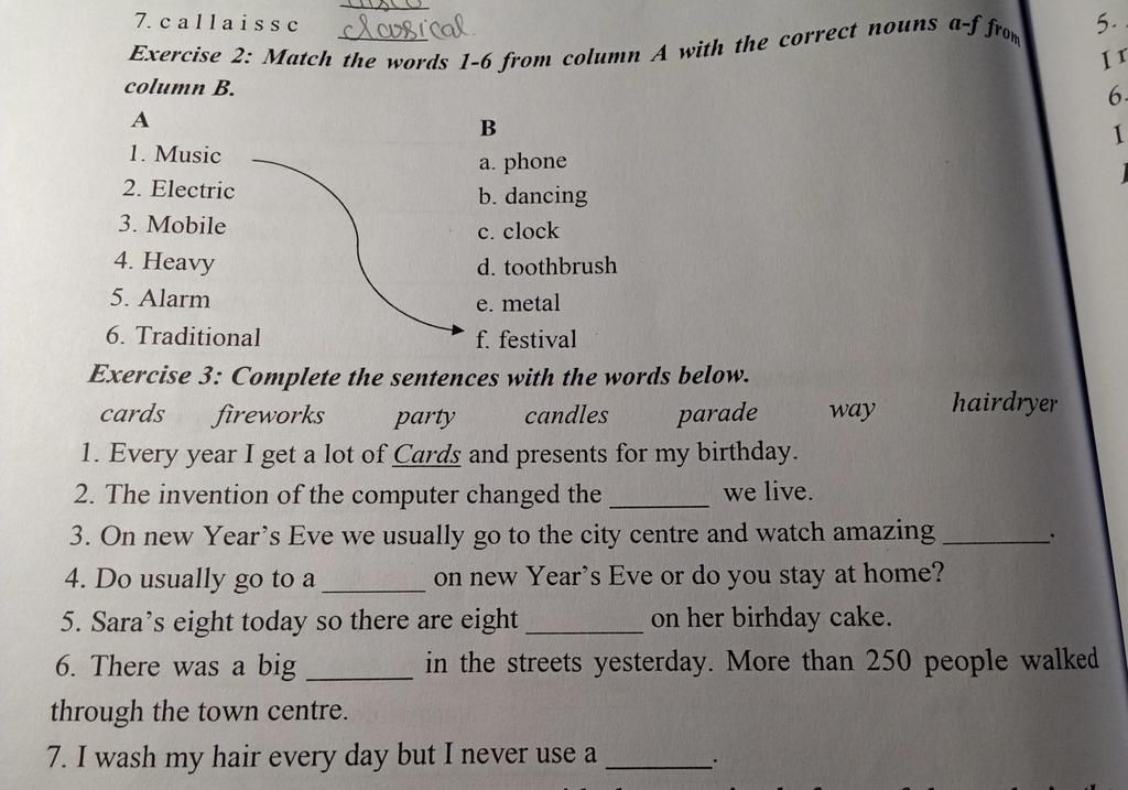 7. callaissc classical Exercise 2: Match the words 1-6 from column A with the correct nouns a-f ...