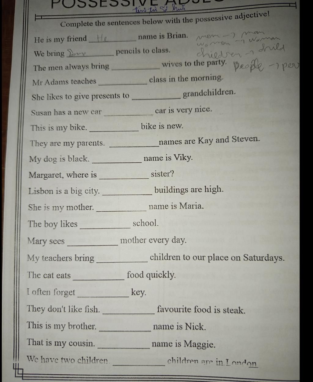 time to hu Complete the sentences below with the possessive adjective ...