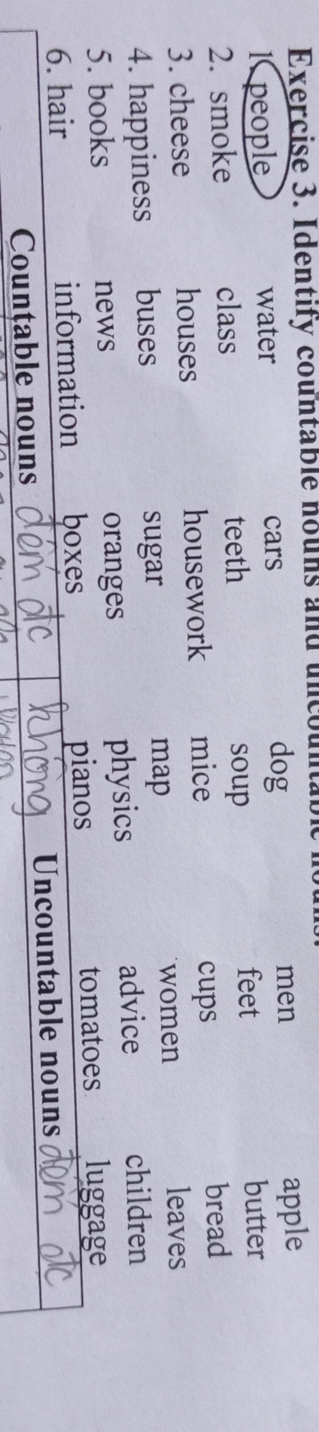 Exercise 3. Identify countable nouns people water cars dog 2. smoke ...