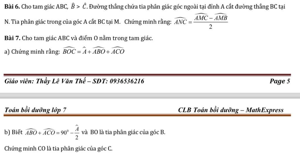 Bài 6. Cho tam giác ABC, B > C. Đường thẳng chứa tia phân giác góc ngoài tại đỉnh A cắt đường ...