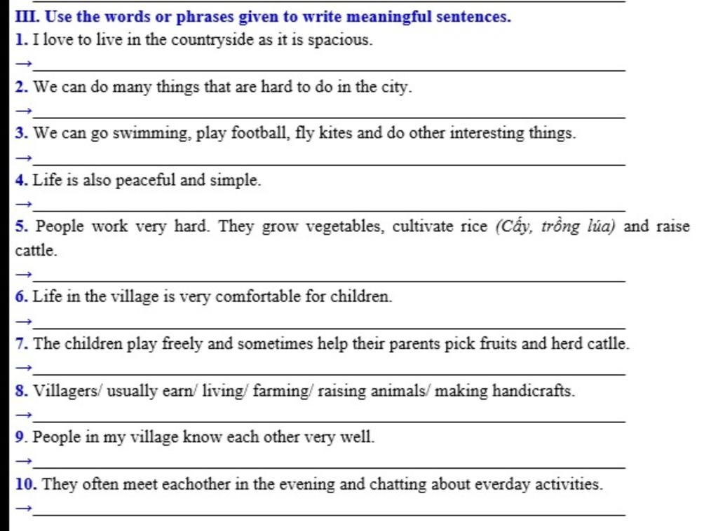 III. Use the words or phrases given to write meaningful sentences. 1. I ...