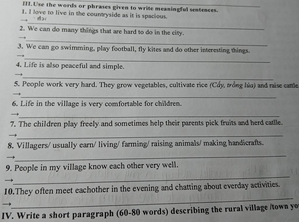 III. Use the words or phrases given to write meaningful sentences. 1. I ...