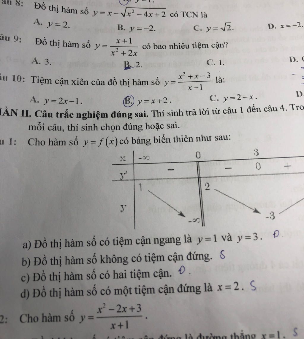 8: Đồ thị hàm số y=x− Vr _ 4x + 2 có TCN là A. y = 2. âu 9: Đồ thị hàm số y= A. 3. B. y = -2. x+ ...