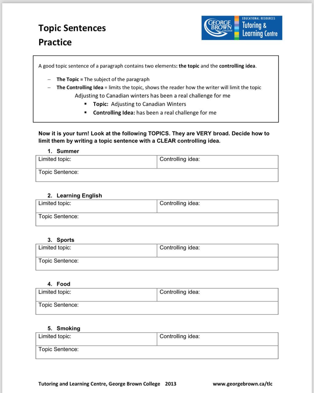 Topic Sentences Practice GEORGE BROWN COLLEGE EDUCATIONAL RESOURCES ...
