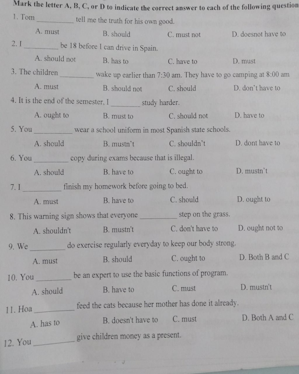 Mark the letter A, B, C, or D to indicate the correct answer to each of ...