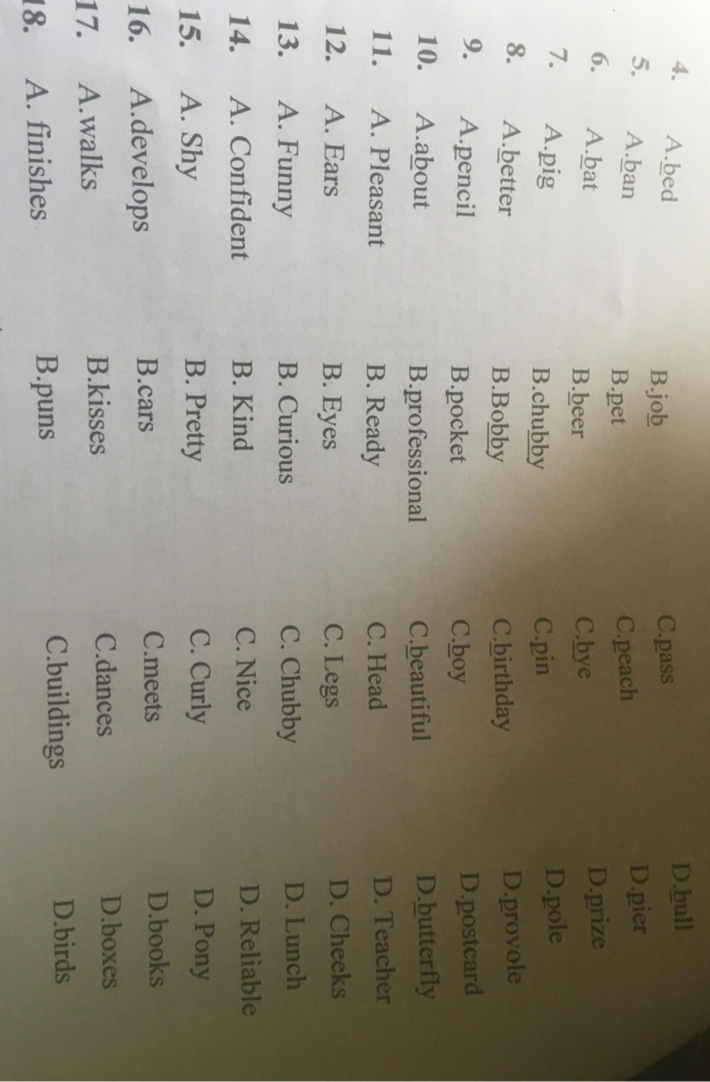 4. D.bull A.bed B.job C.pass 5. A.ban D.pier B.pet C.peach 6. A.bat D ...