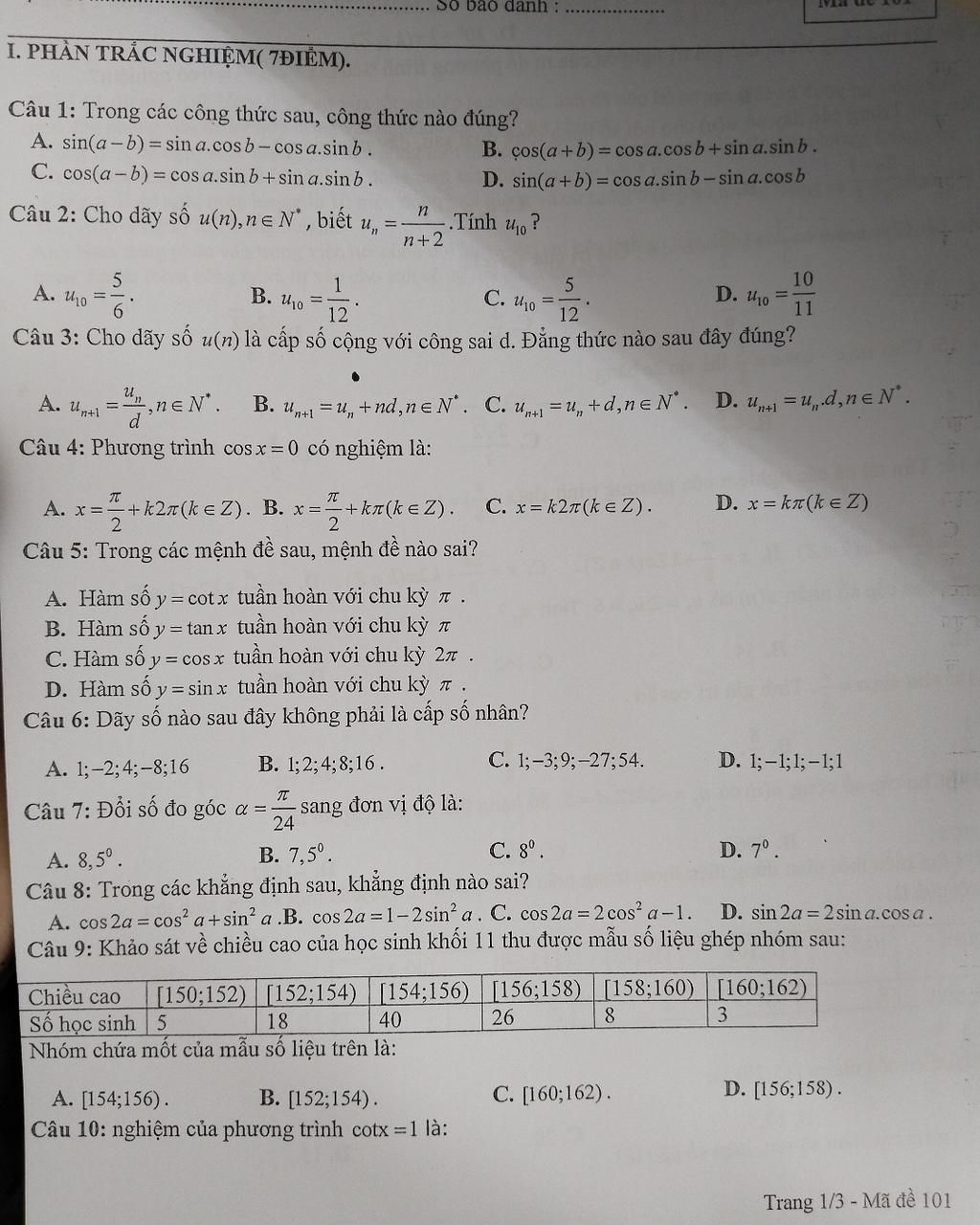 Em kiểm tra mà kh có kiến Thức ai giúp e với I. PHẦN TRẮC NGHIỆM( 7ĐIỂM ...
