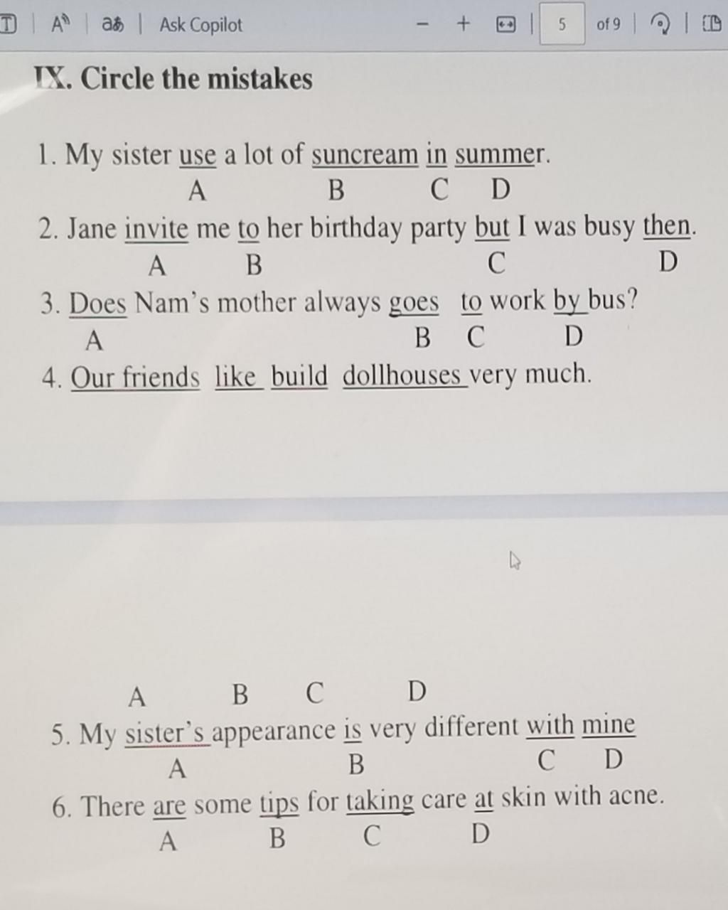 Aa Ask Copilot IX. Circle the mistakes + 1. My sister use a lot of ...