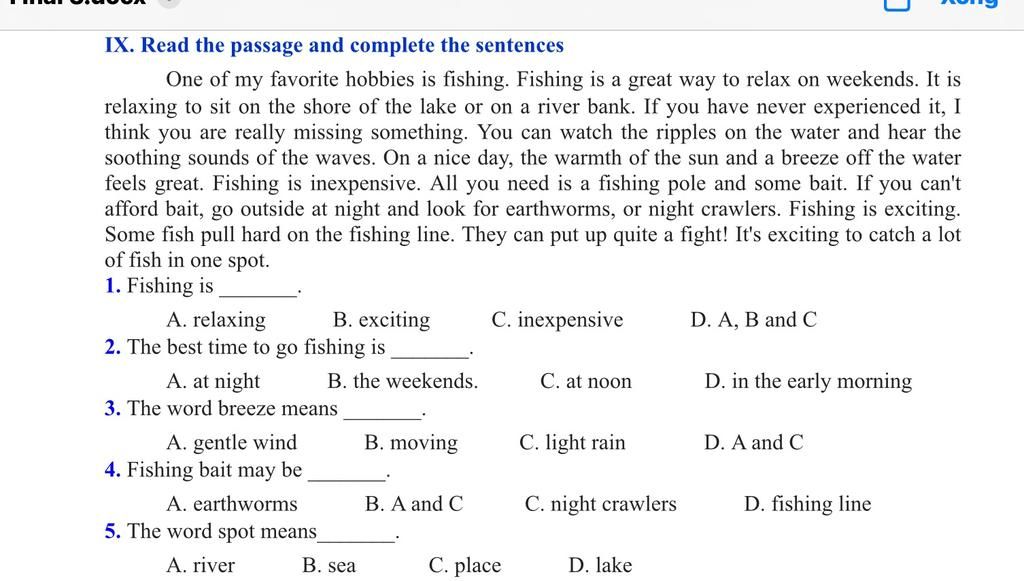 IX. Read the passage and complete the sentences One of my favorite ...