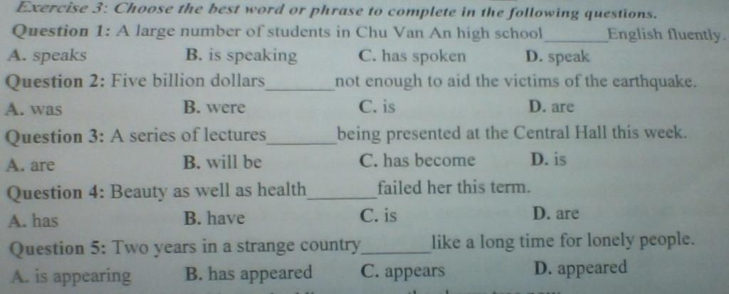 Exercise 3: Choose the best word or phrase to complete in the following ...