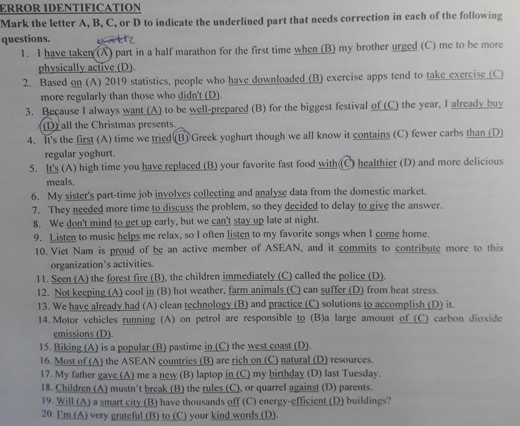 ERROR IDENTIFICATION Mark the letter A, B, C, or D to indicate the ...