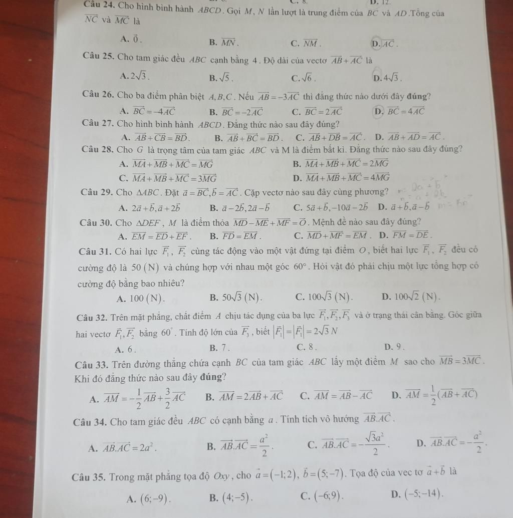 Câu 24. Cho hình bình hành ABCD. Gọi M, N lần lượt là trung điểm của BC ...