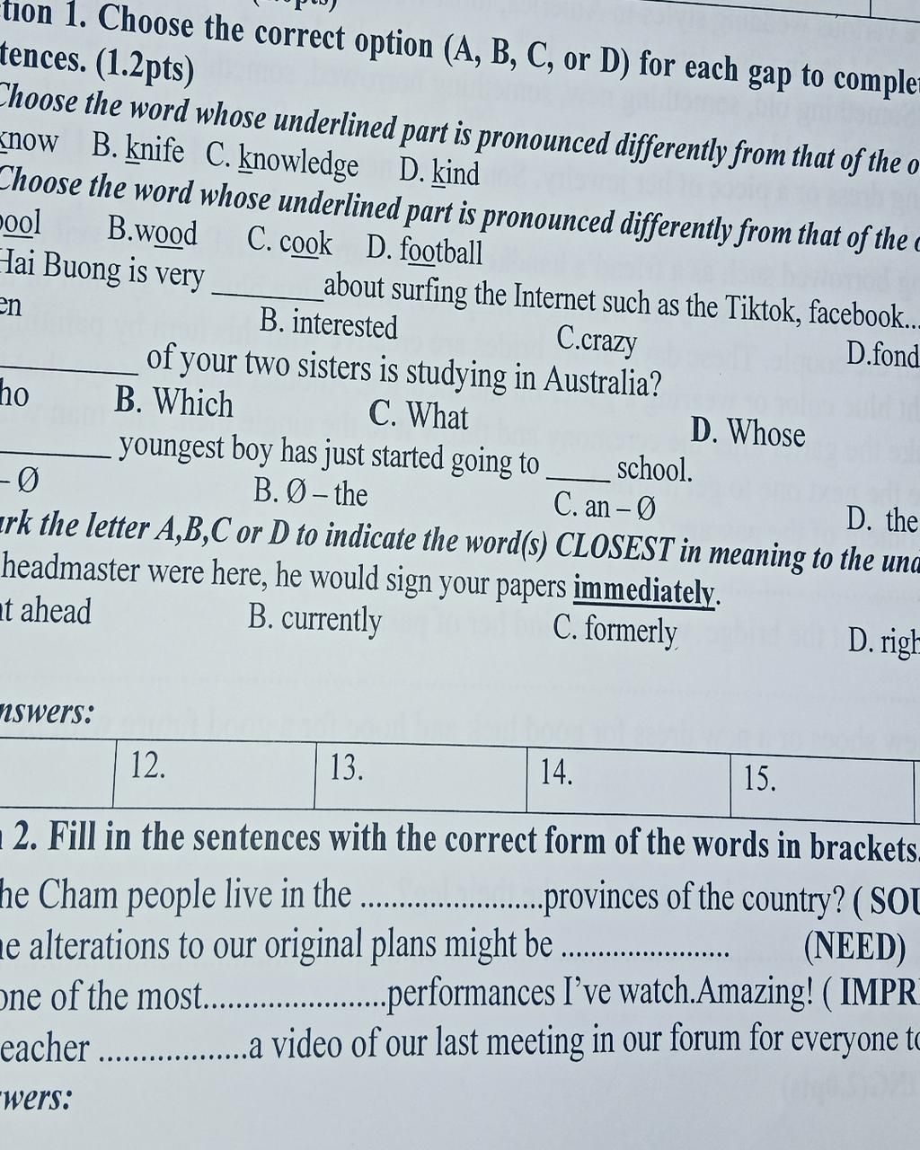 tion 1. Choose the correct option (A, B, C, or D) for each gap to comple tences. (1.2pts) Choose ...