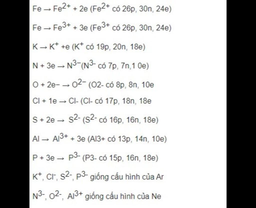 Fe→ Fe2+ + 2e (Fe2+ có 26p, 30n, 24e) Fe→ Fe3+ + 3e (Fe3+ có 26p, 30n ...