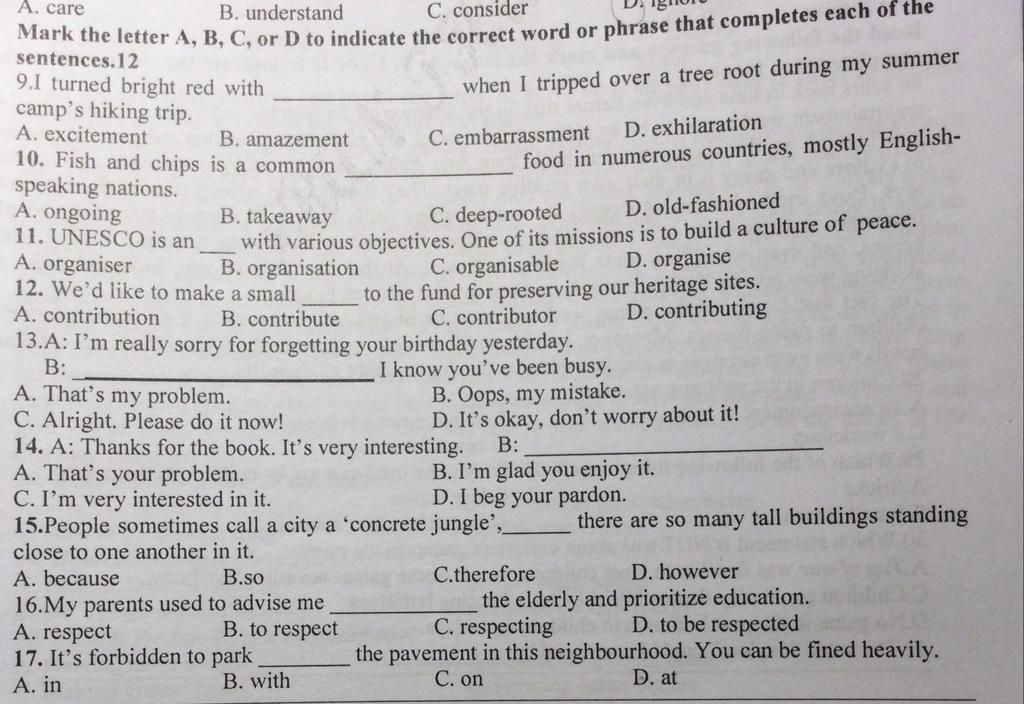 A. care B. understand C. consider Mark the letter A, B, C, or D to ...