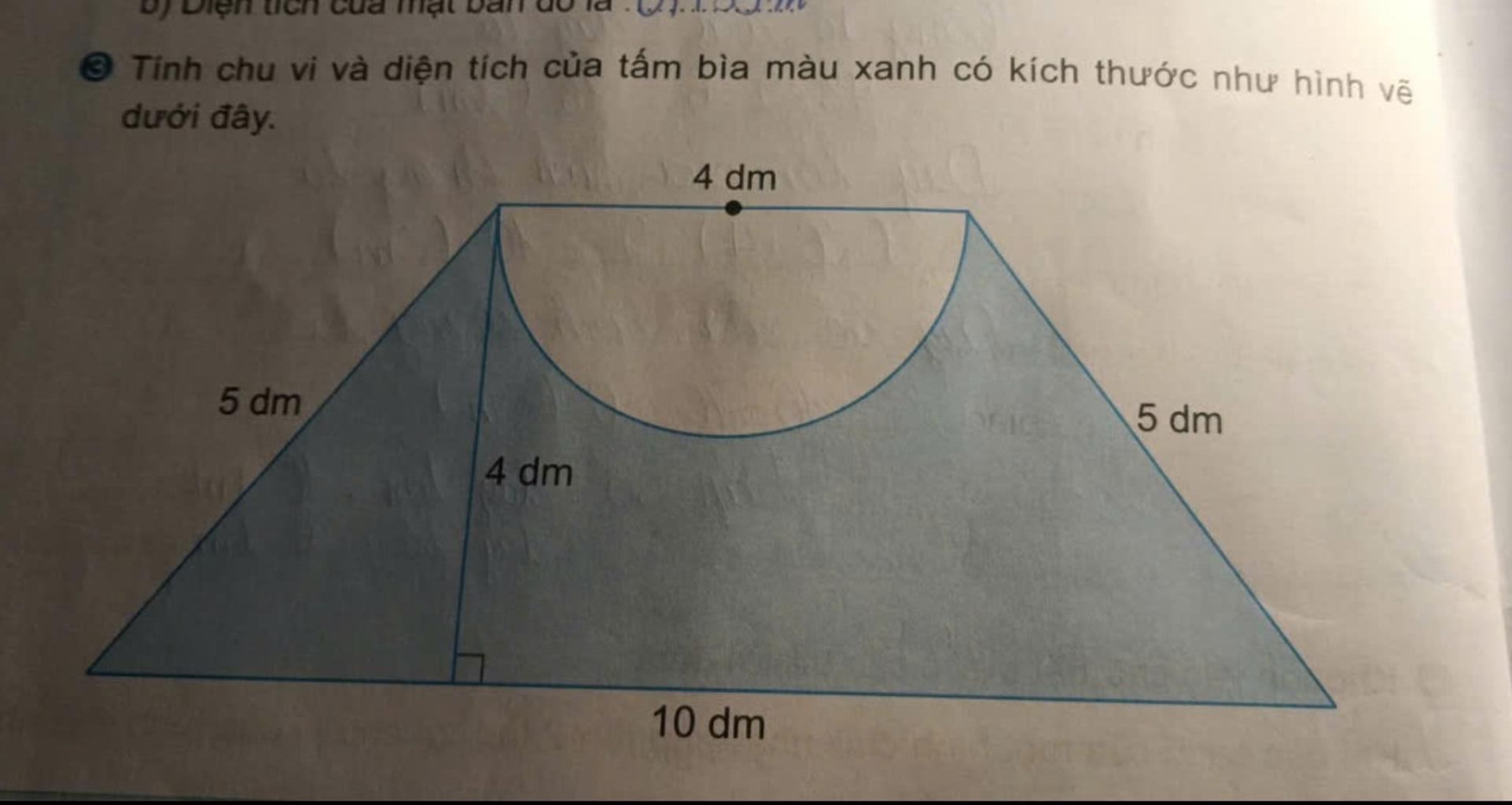 @ Tinh chu vi và diện tích của tấm bìa màu xanh có kích thước như hình ...