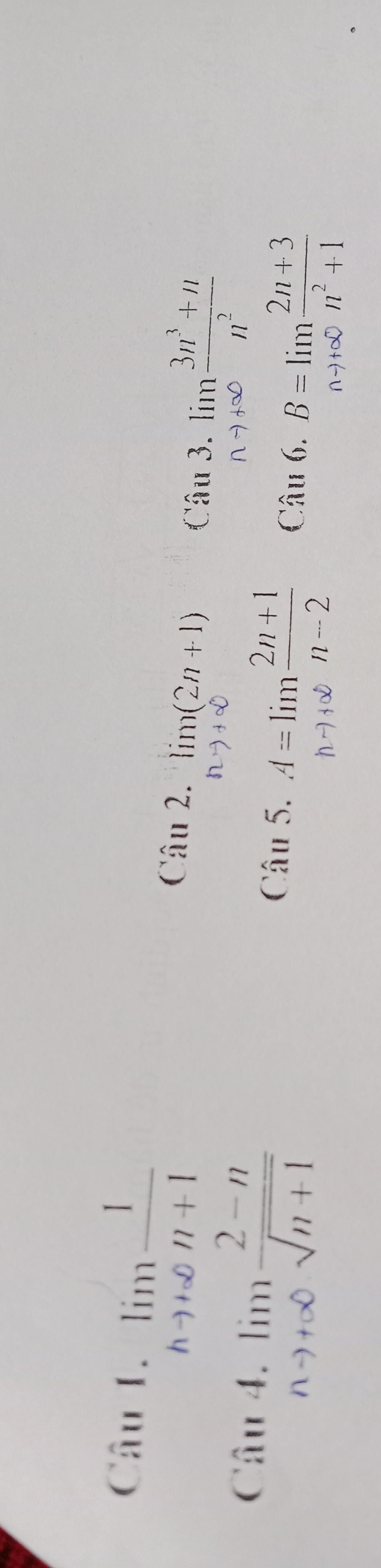 Câu I. lim - h++211+1 2-N Câu 2. lin(2n+1) →+00 Câu 4. làm 1++∞ √11+1 ...