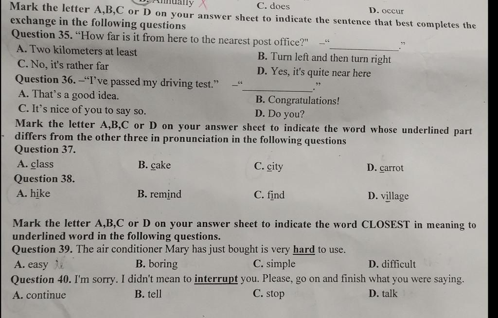 C. does D. occur Mark the letter A,B,C or D on your answer sheet to ...