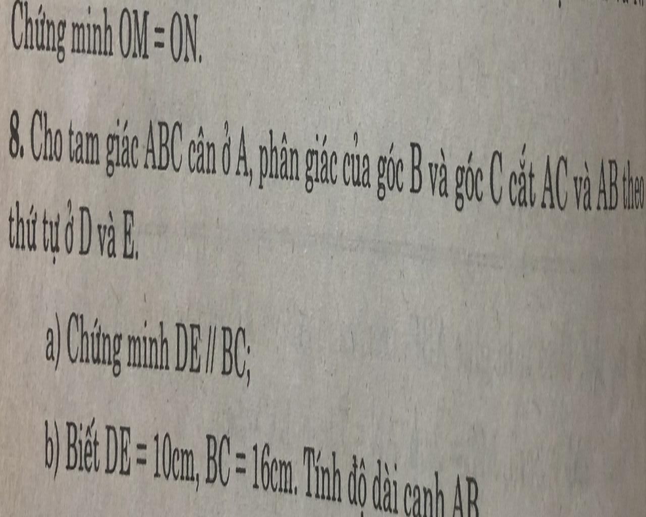 Chứng minh OM=ON. thứ tự ở D và B cand A, pha Ching with DBVBC b) Biết Du = 10m. BC = Tham. Tính ...