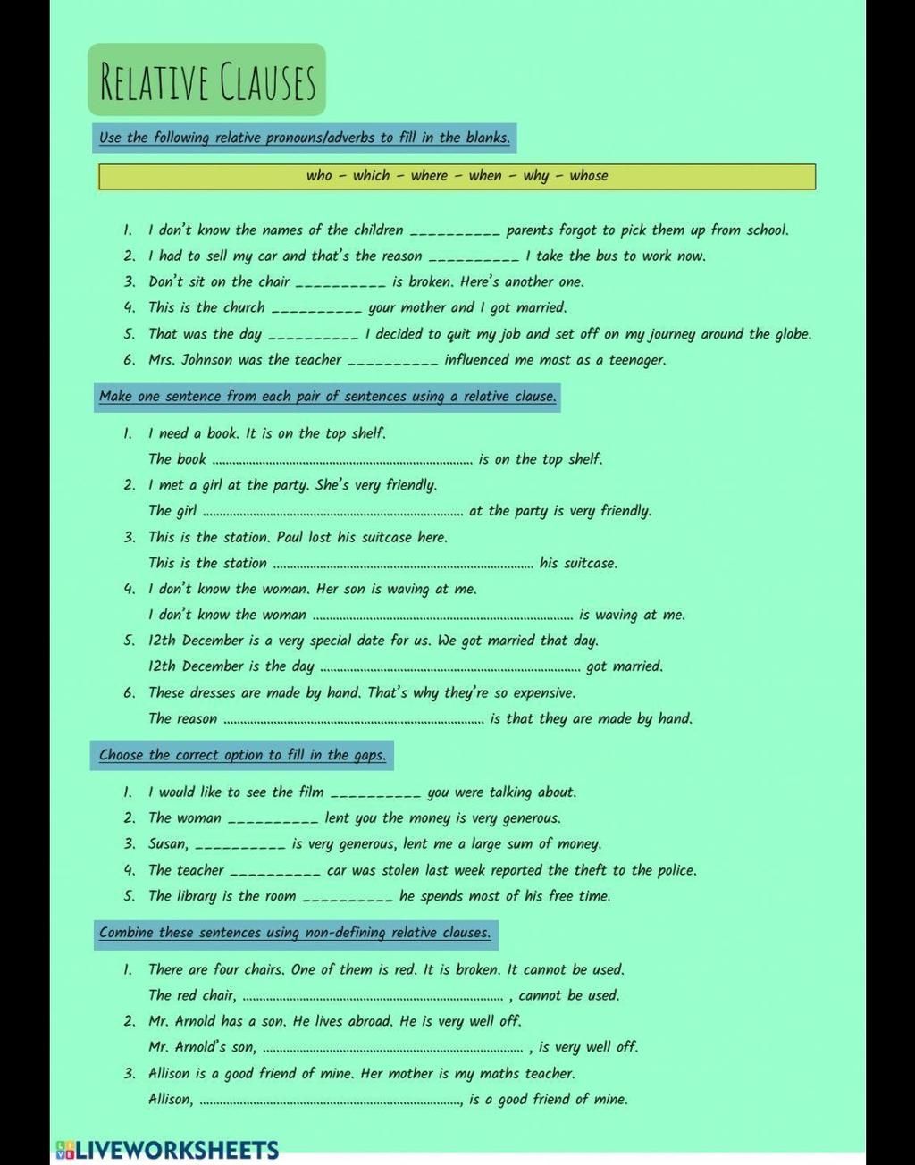 RELATIVE CLAUSES Use the following relative pronouns/adverbs to fill in ...