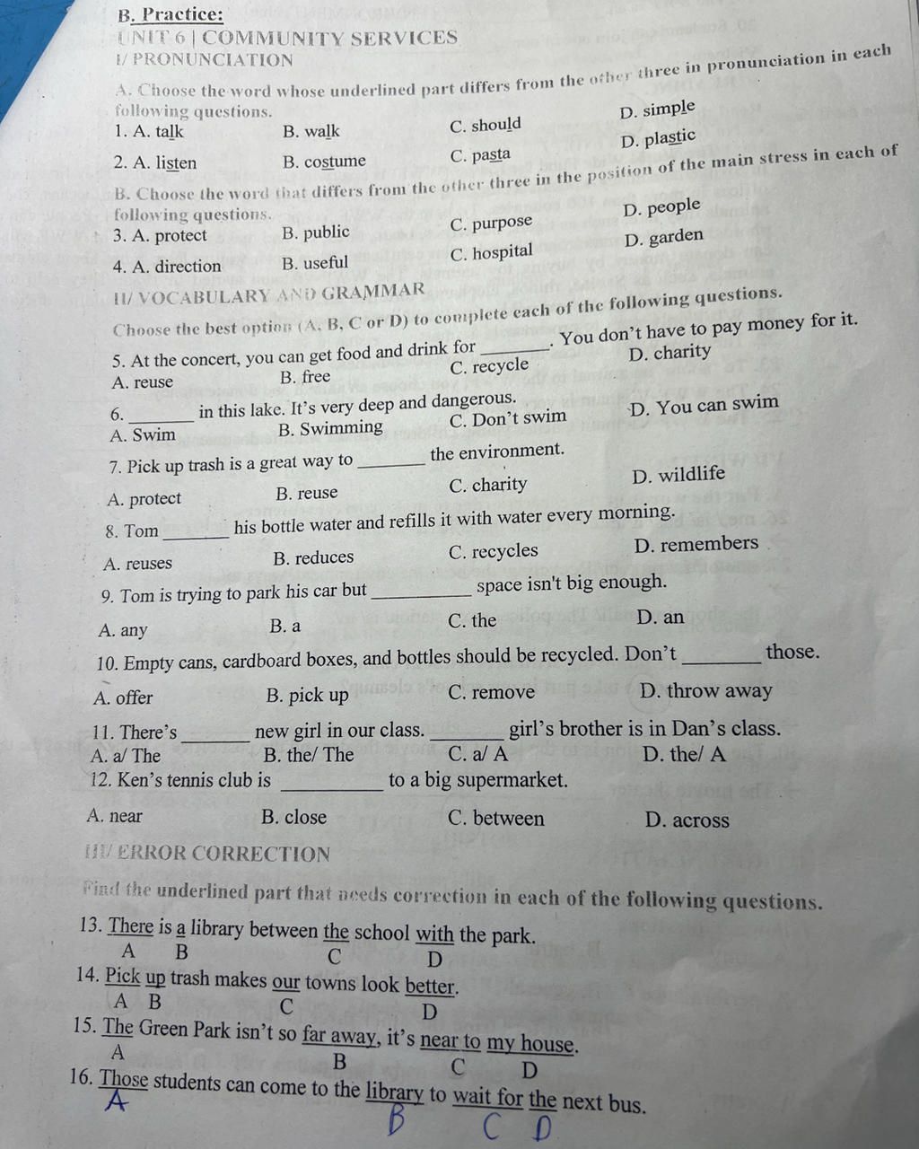 B. Practice: UNIT 6 COMMUNITY SERVICES 1/ PRONUNCIATION A. Choose the ...