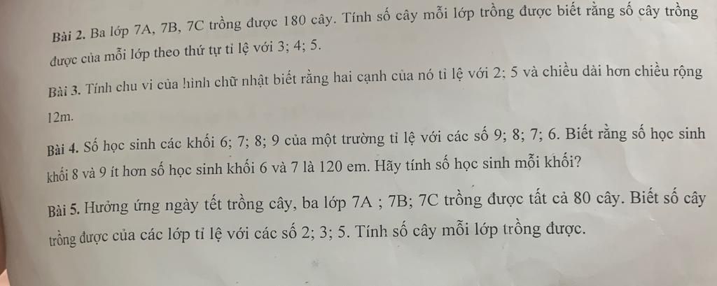 Bài 2. Ba lớp 7A, 7B, 7C trồng được 180 cây. Tính số cây mỗi lớp trồng ...