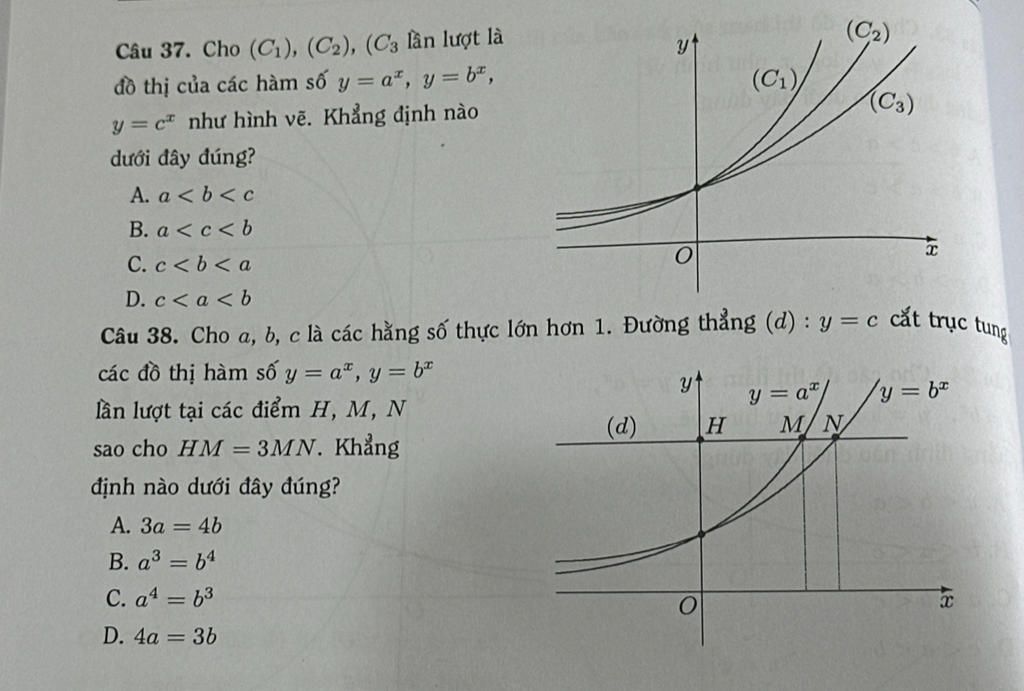 Câu 37. Cho (C), (C2), (Cg lần lượt là đồ thị của các hàm số y = a*, y ...