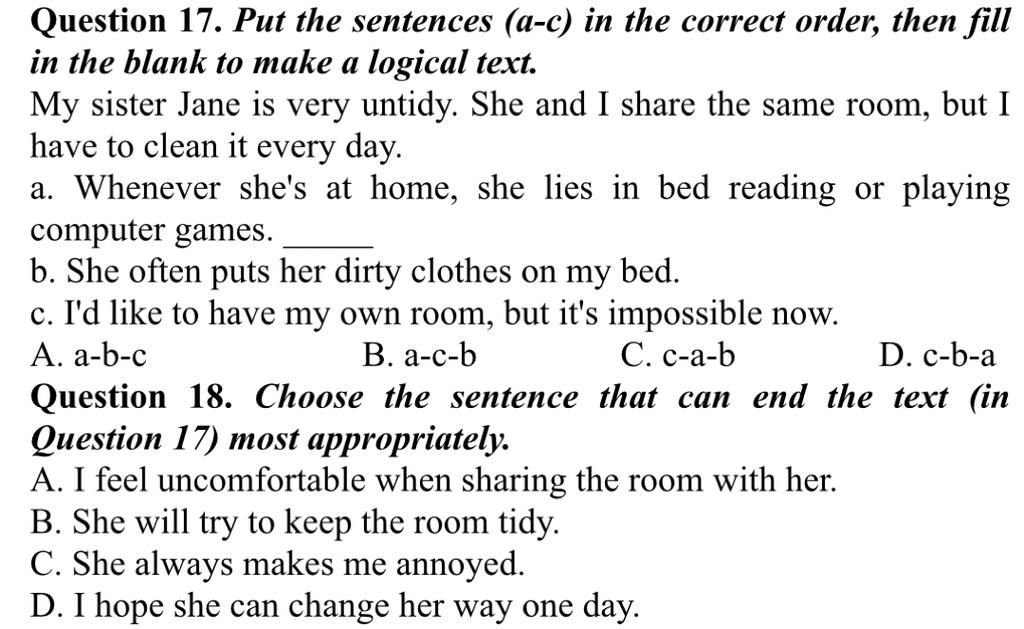 Question 17. Put the sentences (a-c) in the correct order, then fill in ...